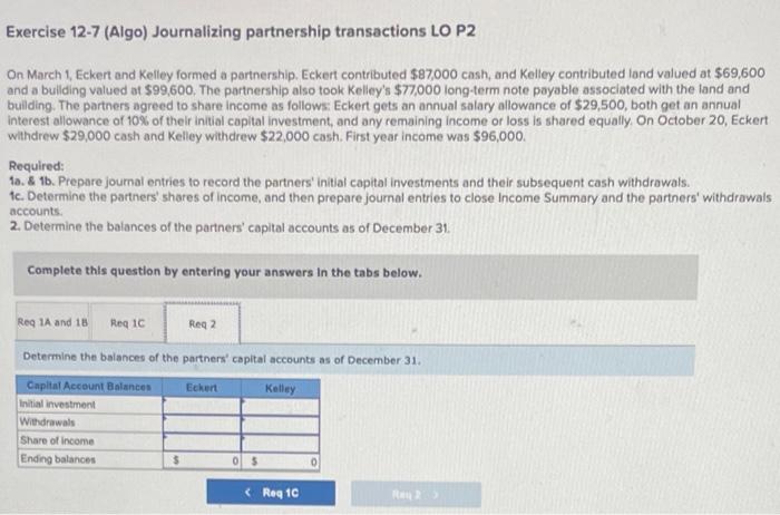 Solved Exercise 12-7 (Algo) Journalizing partnership | Chegg.com
