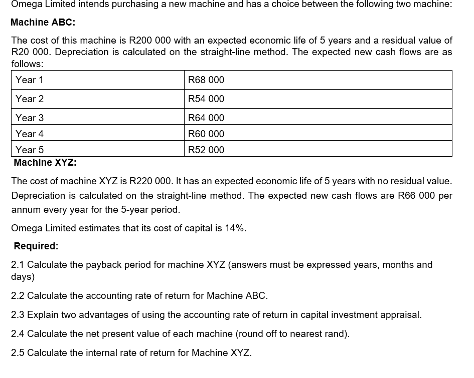 Solved Omega Limited intends purchasing a new machine and | Chegg.com
