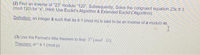 Solved (2) Find an inverse of "23" modulo "120". | Chegg.com