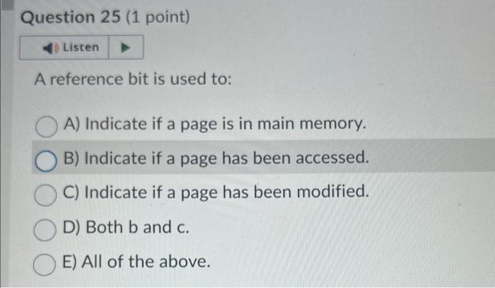 Solved A reference bit is used to: A) Indicate if a page is | Chegg.com