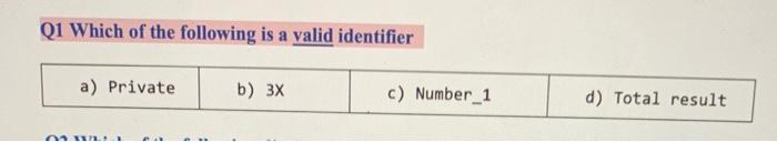 Solved Q1 Which of the following is a valid identifier a) | Chegg.com