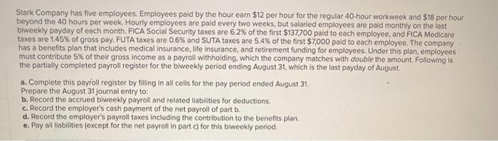 Solved Stark Company has five employees. Employees paid by | Chegg.com