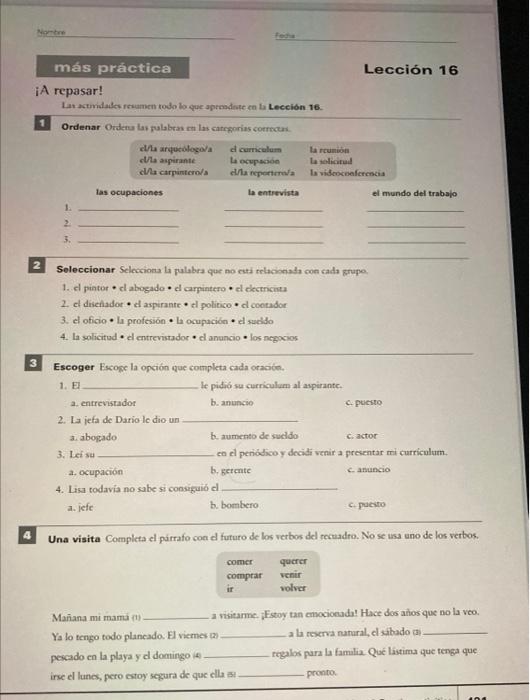 None más práctica Lección 16 ¡A repasar! La | Chegg.com