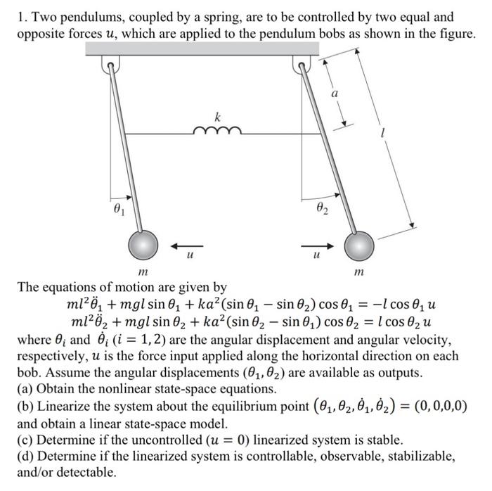 Solved 1. Two pendulums, coupled by a spring, are to be | Chegg.com