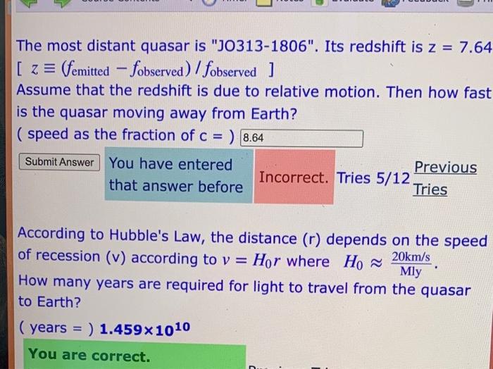 Solved The most distant quasar is "J0313-1806". Its redshift | Chegg.com