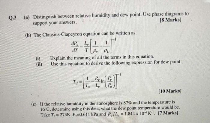 (a) Distinguish between relative humidity and dew | Chegg.com