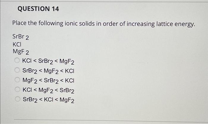 Solved QUESTION 14 Place the following ionic solids in order | Chegg.com
