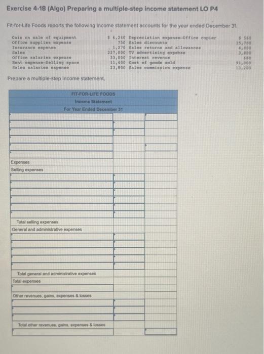Solved Exercise 4-18 (Algo) Preparing a multiple-step income | Chegg.com