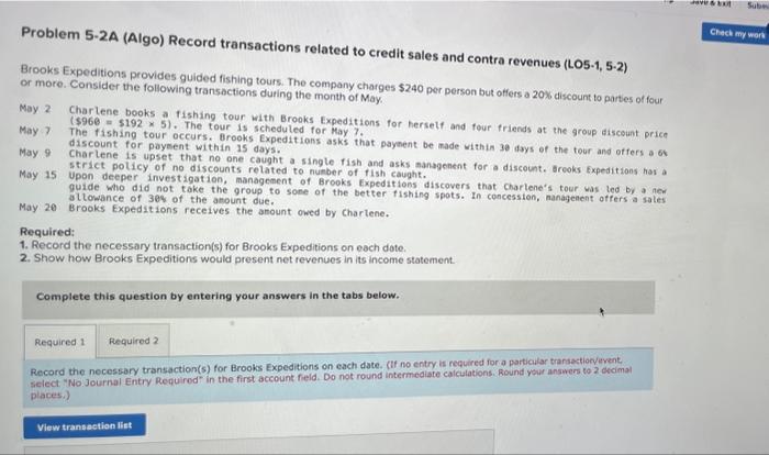 Solved Problem 5-2A (Algo) Record transactions related to | Chegg.com