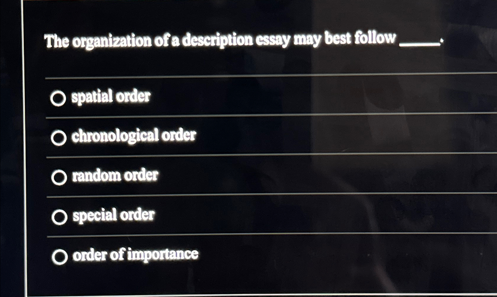 Solved The organization of a description essay may best | Chegg.com