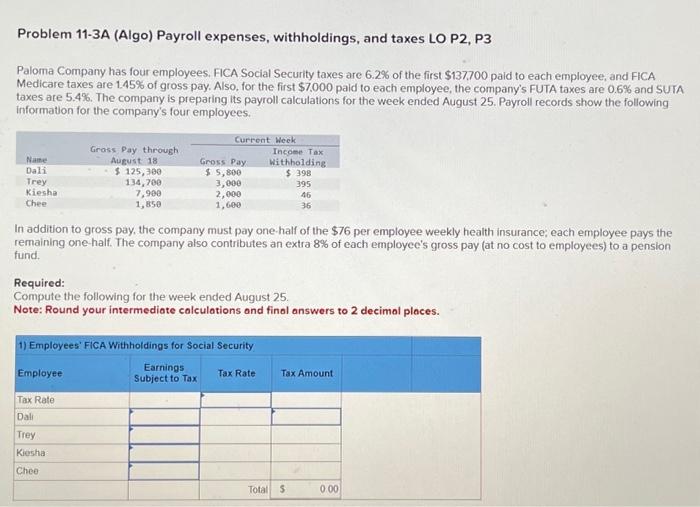 Problem 11-3A (Algo) Payroll expenses, withholdings, | Chegg.com