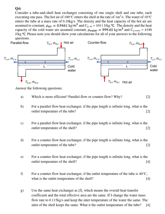 Solved Q4)Consider a tube-and-shell heat exchanger | Chegg.com