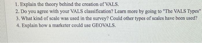 Solved 1. Explain the theory behind the creation of VALS. 2. | Chegg.com