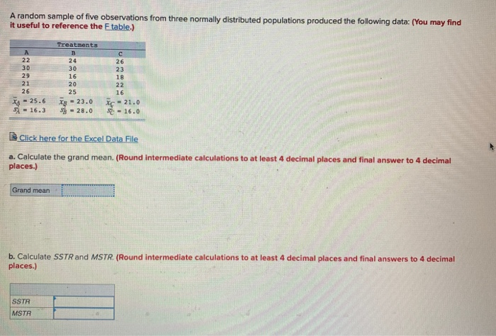 Solved A random sample of five observations from three | Chegg.com