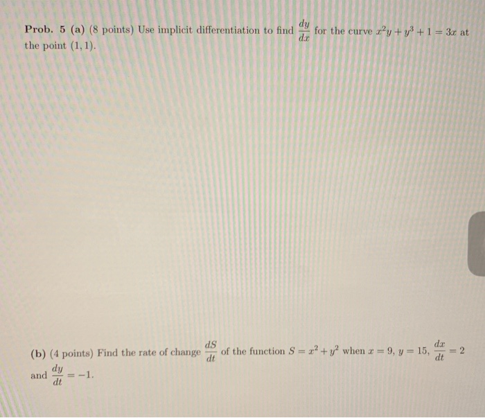 Solved Prob. 5 (a) (8 points) Use implicit differentiation | Chegg.com