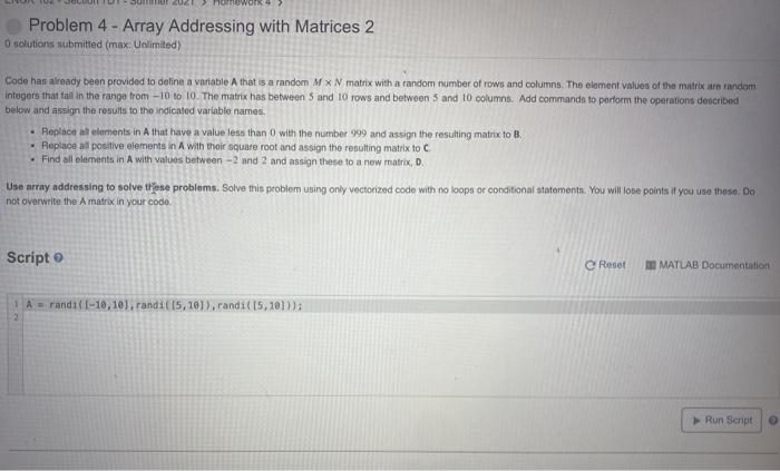 Solved Problem 4 - Array Addressing with Matrices 2 O | Chegg.com