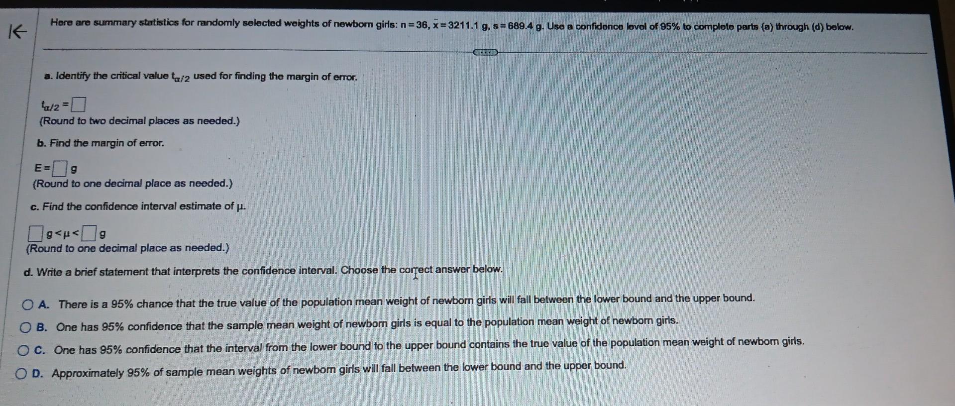 Solved a. Identify the critical value tα/2 used for finding | Chegg.com