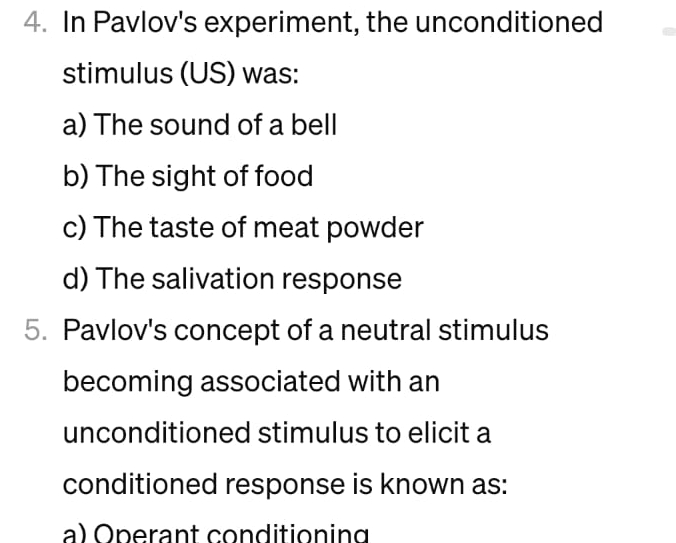 Solved In Pavlov's experiment, the unconditioned stimulus | Chegg.com