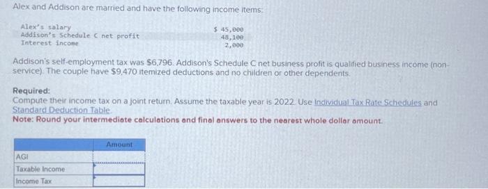 Solved Alex and Addison are married and have the following | Chegg.com