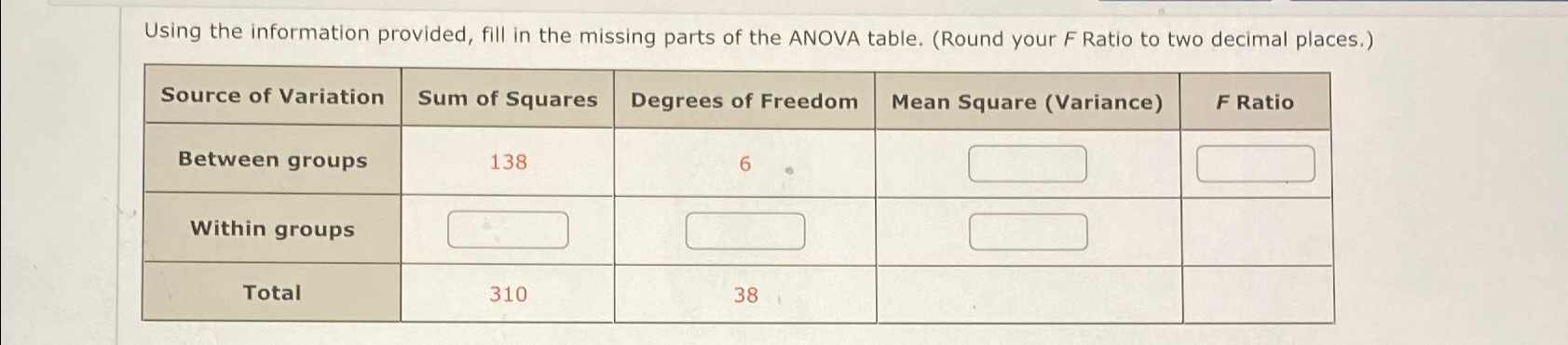 Solved Using the information provided, fill in the missing | Chegg.com