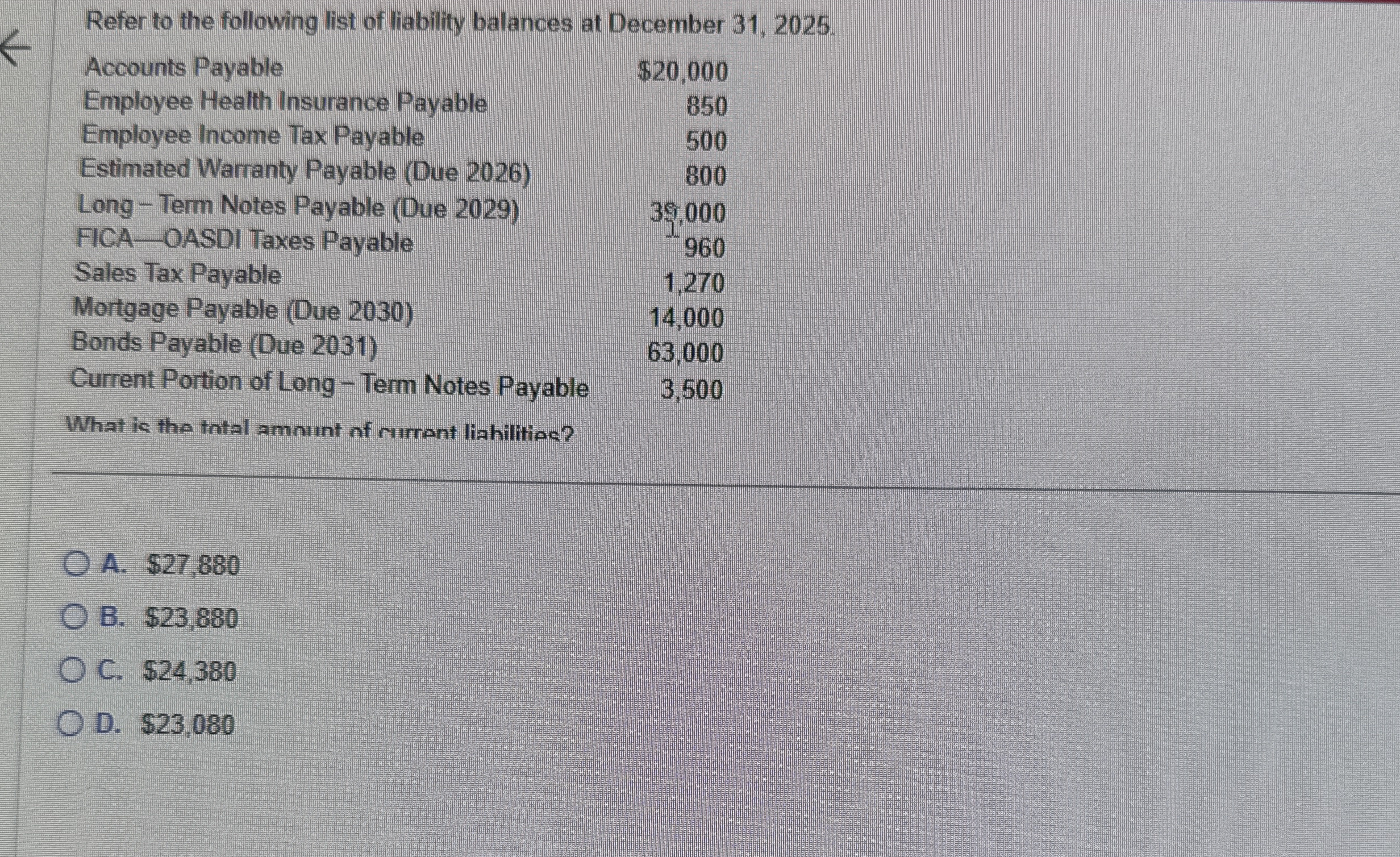 Refer to the following list of liability balances at | Chegg.com