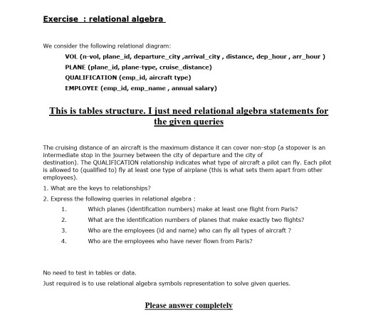 Solved Exercise : relational algebra We consider the | Chegg.com