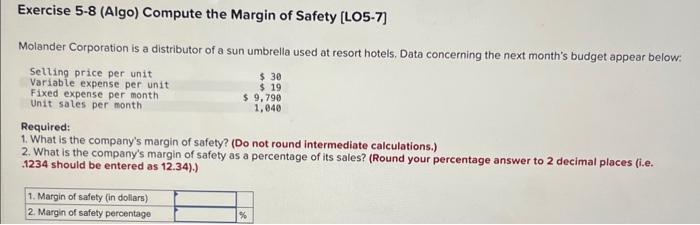 Solved Exercise 5-6 (Algo) Break-Even Analysis [LO5-5] Mauro | Chegg.com