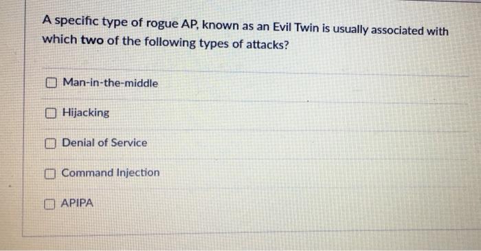 Solved A specific type of rogue AP, known as an Evil Twin is | Chegg.com