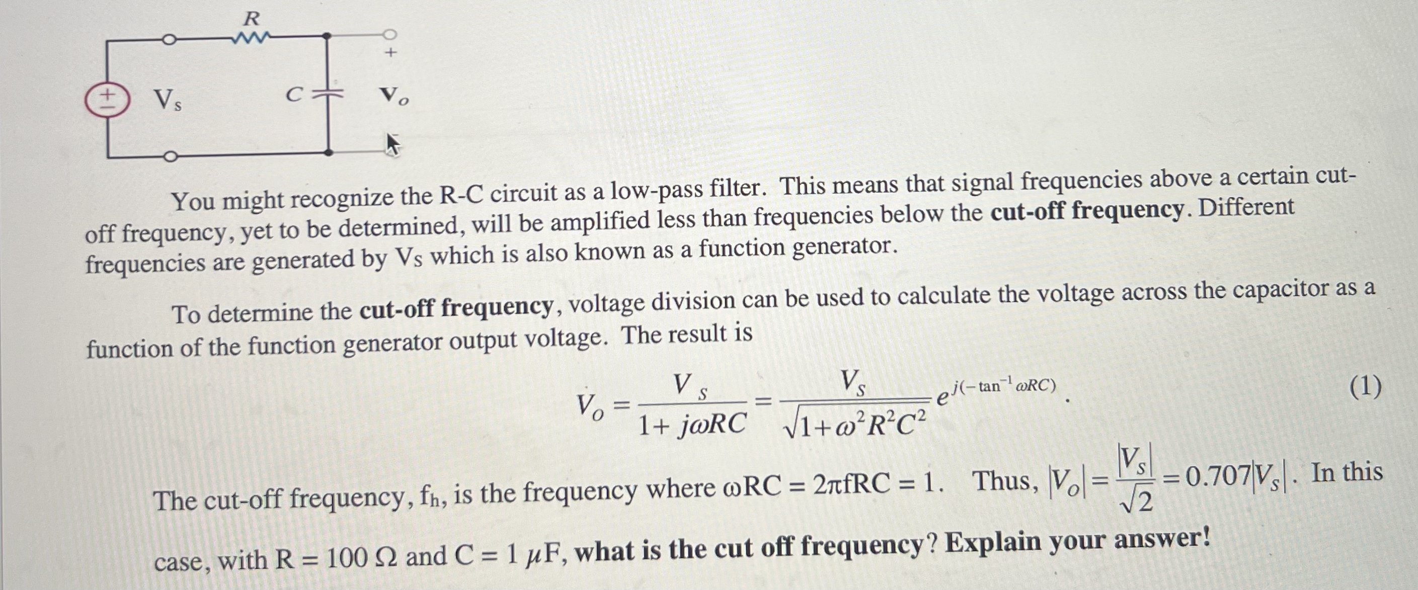 Solved You might recognize the R-C circuit as a low-pass | Chegg.com