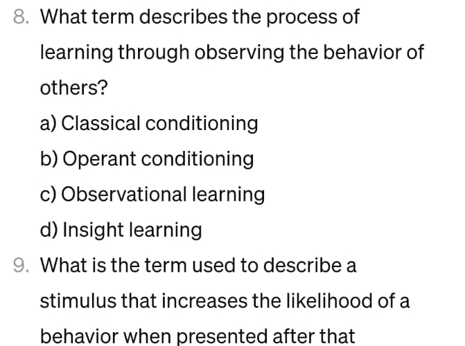 Solved What term describes the process of learning through | Chegg.com