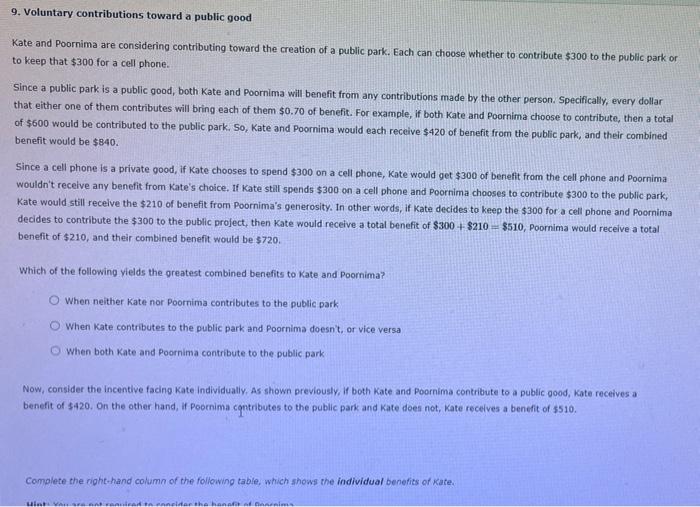 Solved 9. Voluntary contributions toward a public good Kate | Chegg.com