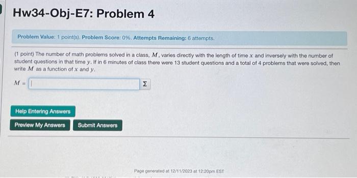 Solved (1 point) The number of math problems solved in a | Chegg.com
