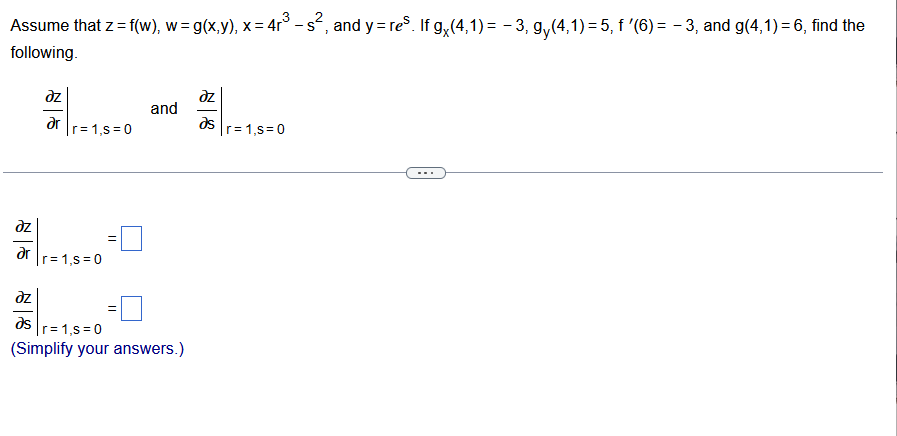 Solved Assume that z=f(w),w=g(x,y),x=4r3-s2, ﻿and y=res. ﻿If | Chegg.com