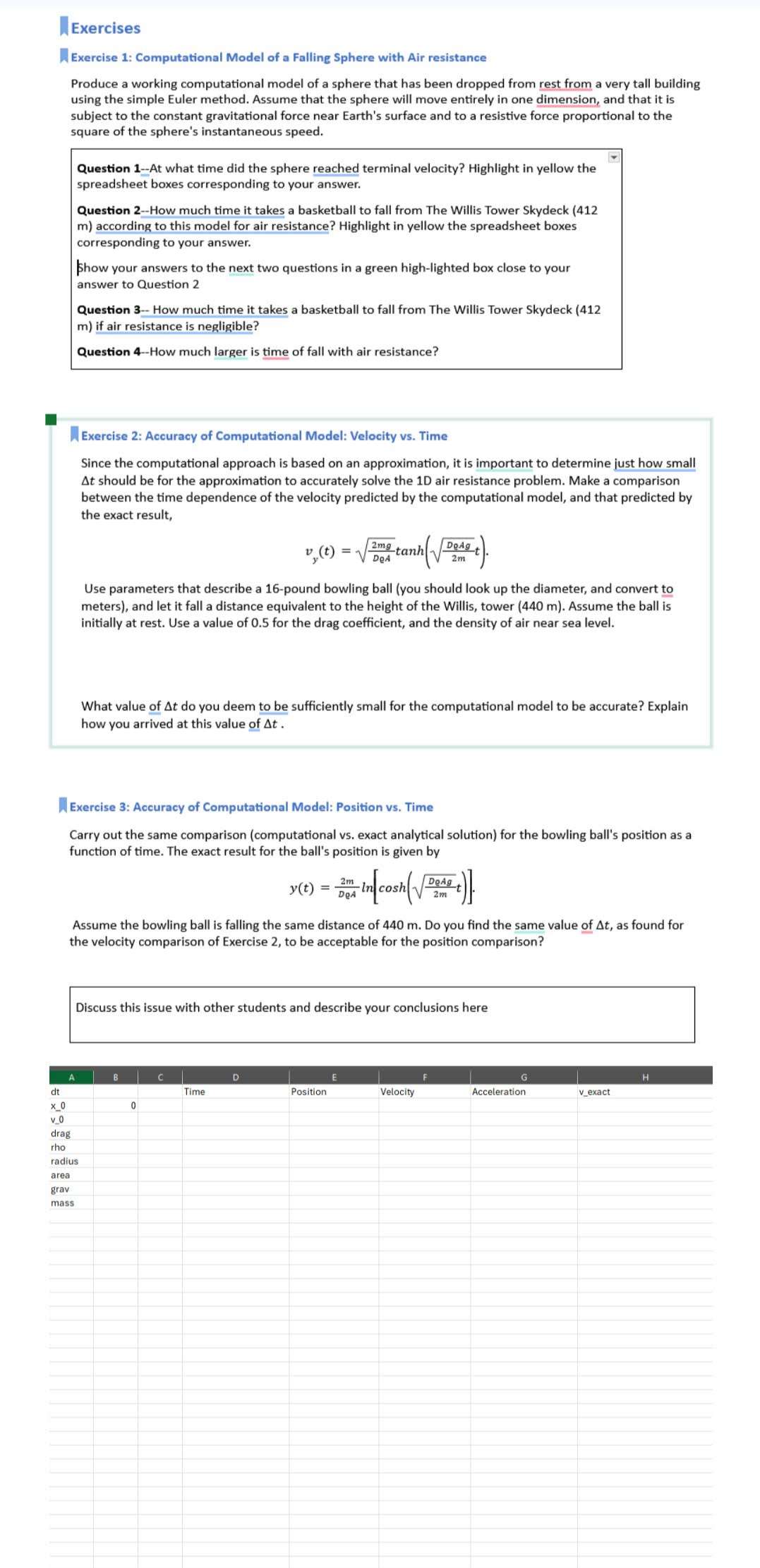 A Exercise 1: Computational Model of a Falling Sphere | Chegg.com