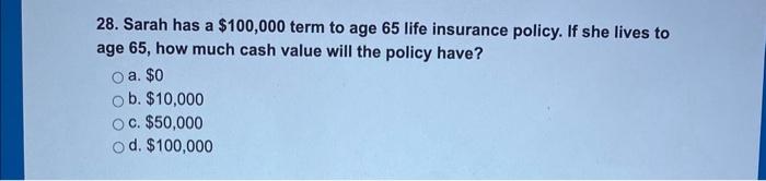 Solved 28. Sarah has a $100,000 term to age 65 life | Chegg.com