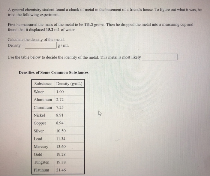 Solved A general chemistry student found a chunk of metal in | Chegg.com