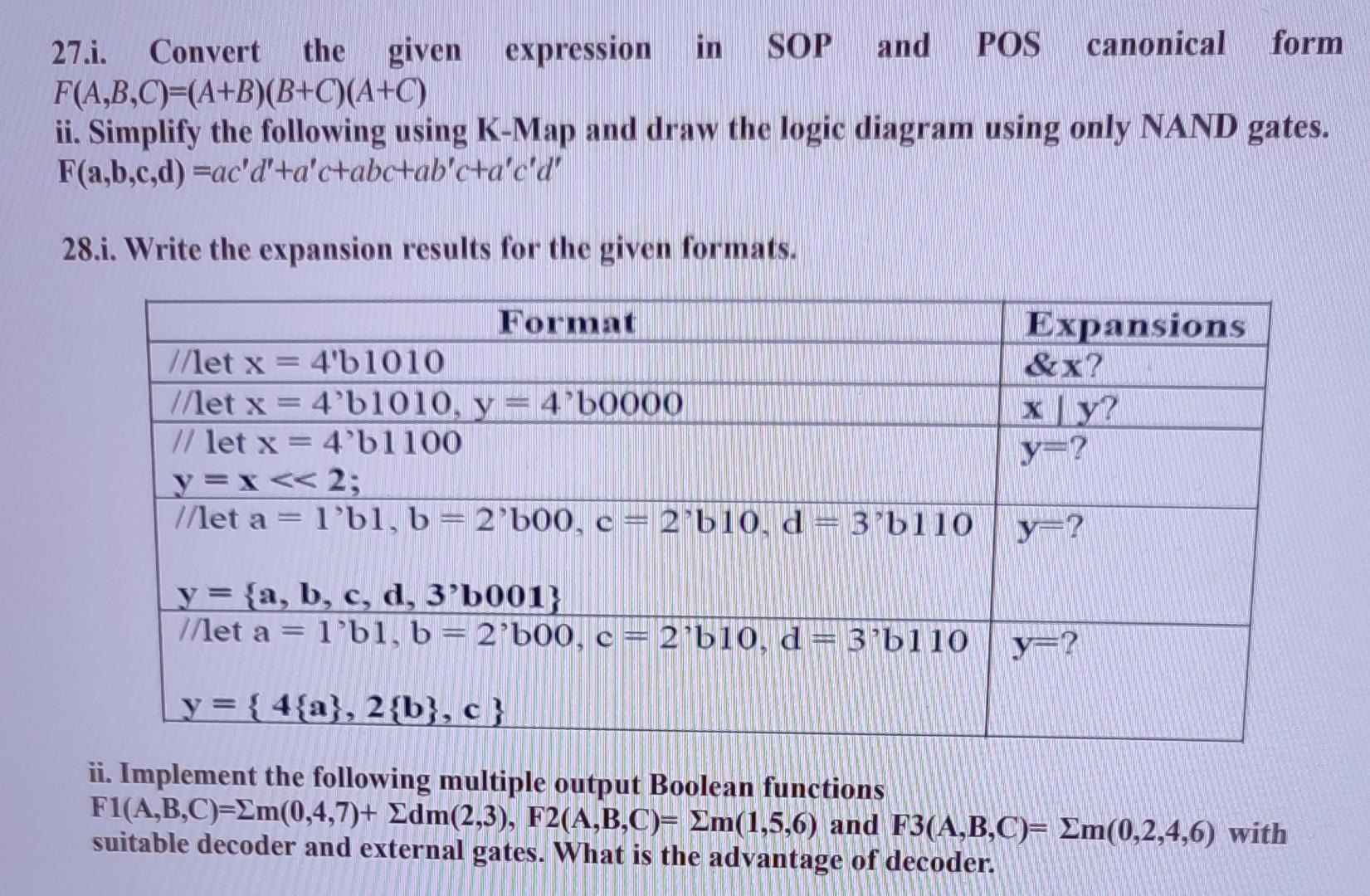 Solved 27.i. Convert the given expression in SOP and POS | Chegg.com