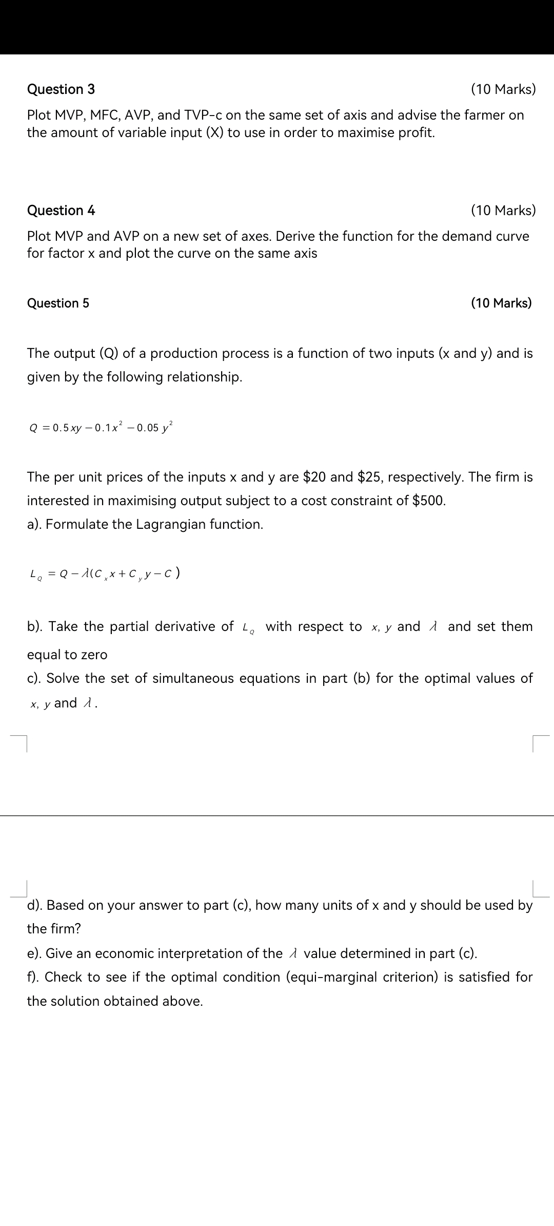 Question 3Plot MVP, ﻿MFC, ﻿AVP, and TVP-c on the same | Chegg.com