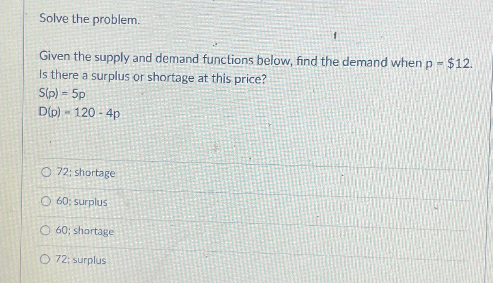 Solved Solve the problem.Given the supply and demand | Chegg.com