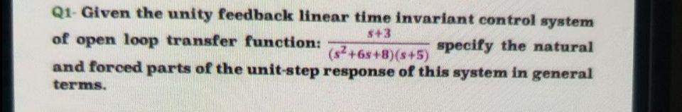 Solved Q1. Given the unity feedback linear time invariant | Chegg.com