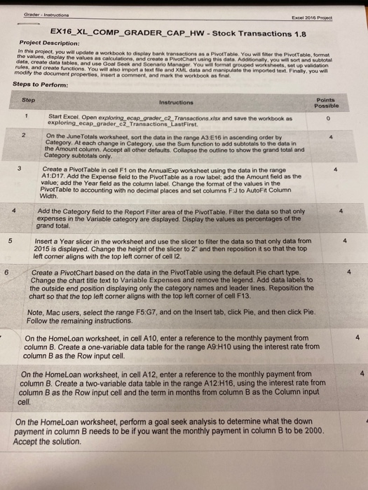 Grader Instructions Excel 2016 Prot | Chegg.com