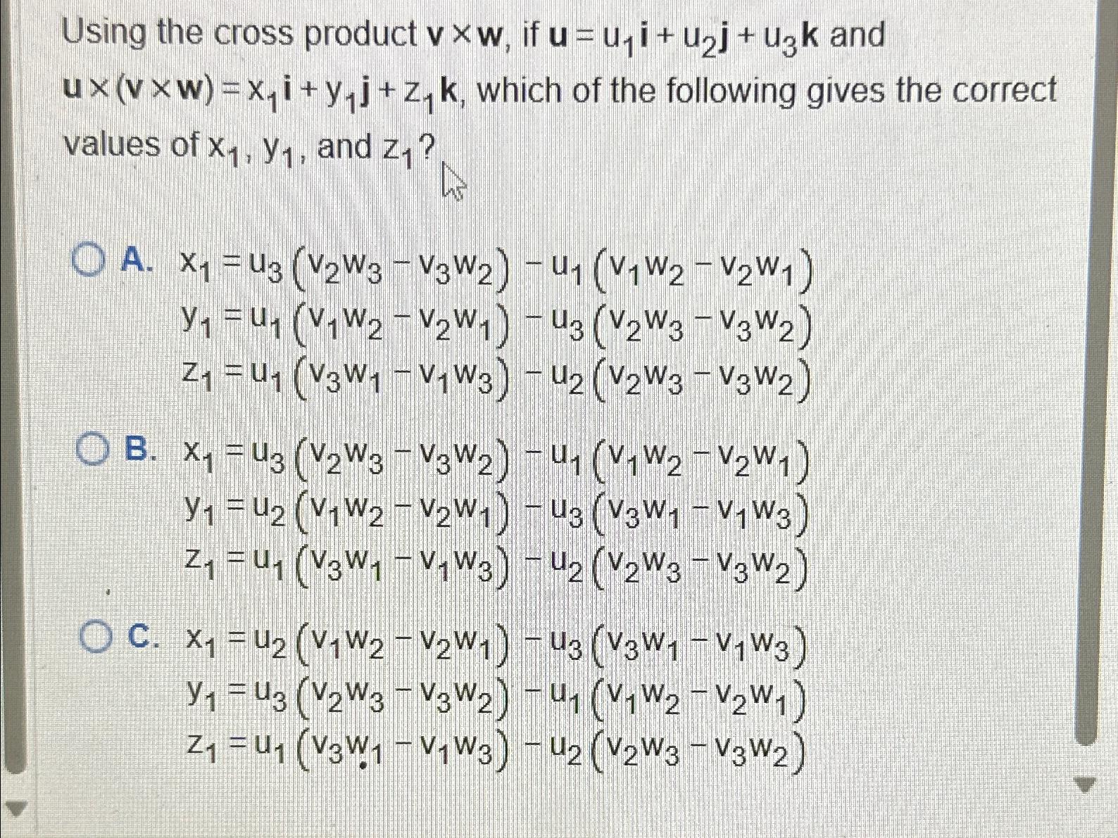Solved Using the cross product v×w, ﻿if u=u1i+u2j+u3k ﻿and | Chegg.com