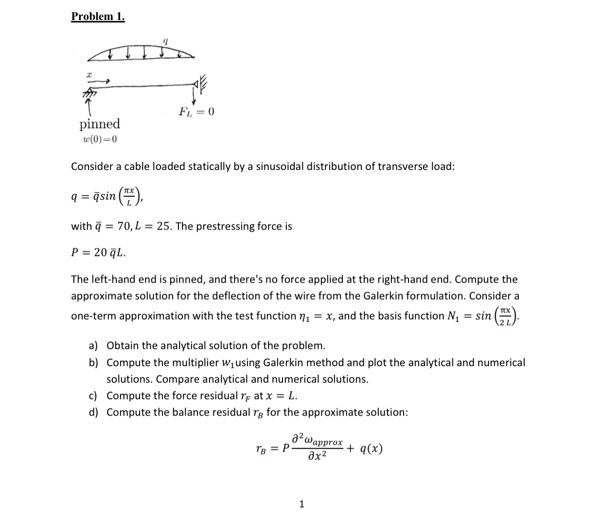 Solved Problem 1.Consider a cable loaded statically by a | Chegg.com