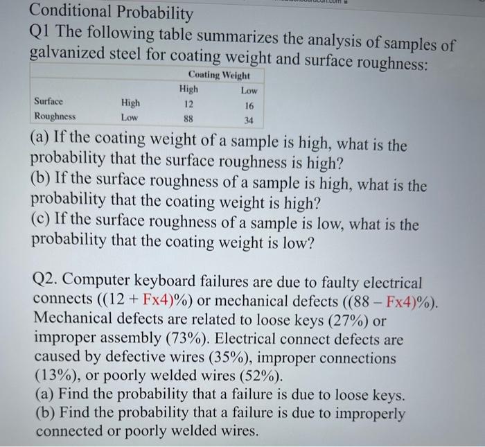Solved Conditional Probability Q1 The following table | Chegg.com