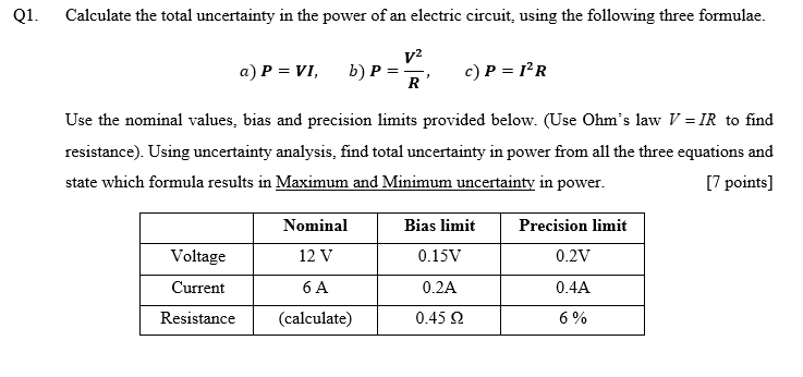 Solved Q1. ﻿Calculate the total uncertainty in the power of | Chegg.com