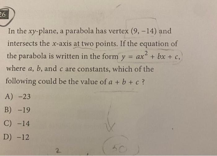 Solved In the xy-plane, a parabola has vertex (9,−14) and | Chegg.com