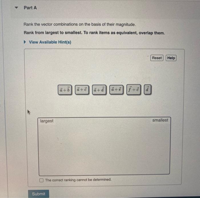 Solved Vector Addition Ranking Task Six vectors (a through | Chegg.com