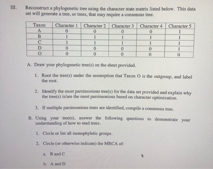 III. Reconstruct a phylogenetic tree using the | Chegg.com