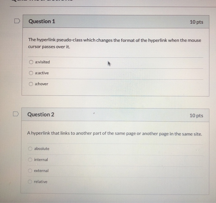 Solved Question 1 10 pts The hyperlink pseudo-class which | Chegg.com