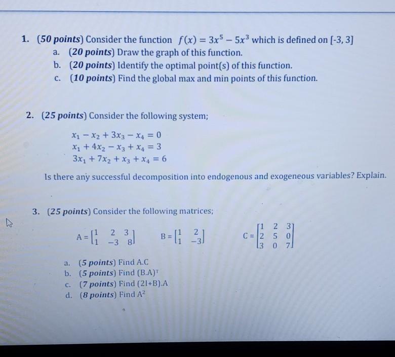 Solved 1. (50 points) Consider the function f(x) = 3x5 – 5x3 | Chegg.com